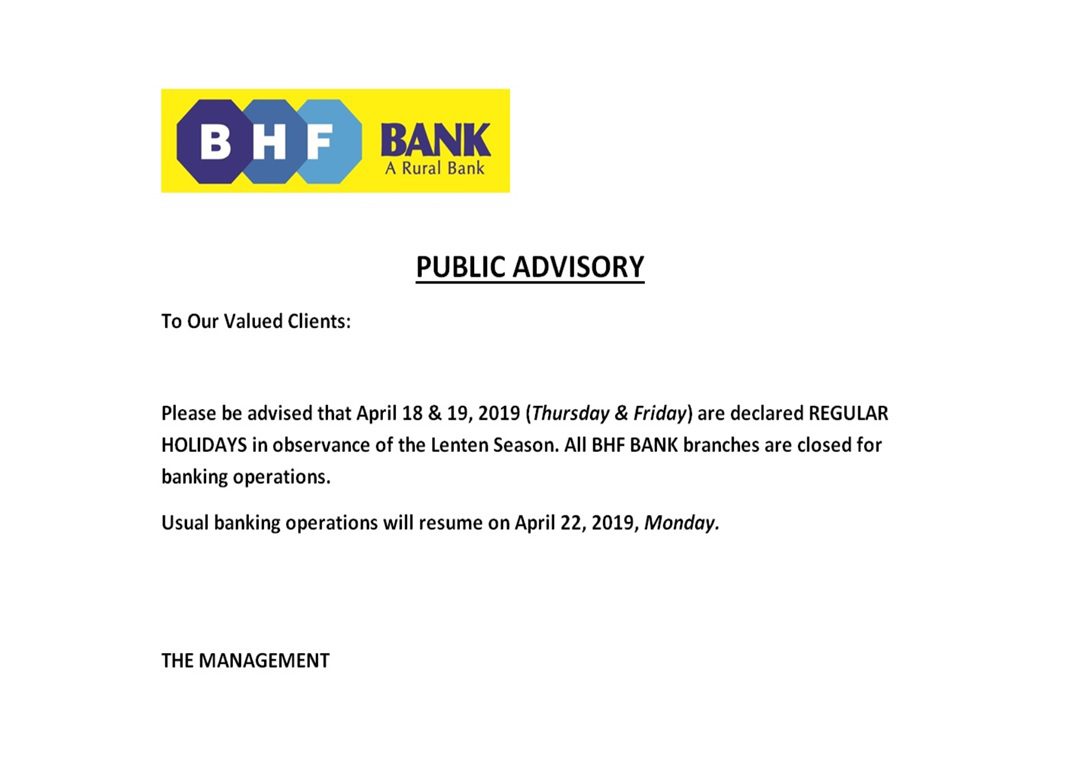 Public Advisory - BHF Rural Bank Inc